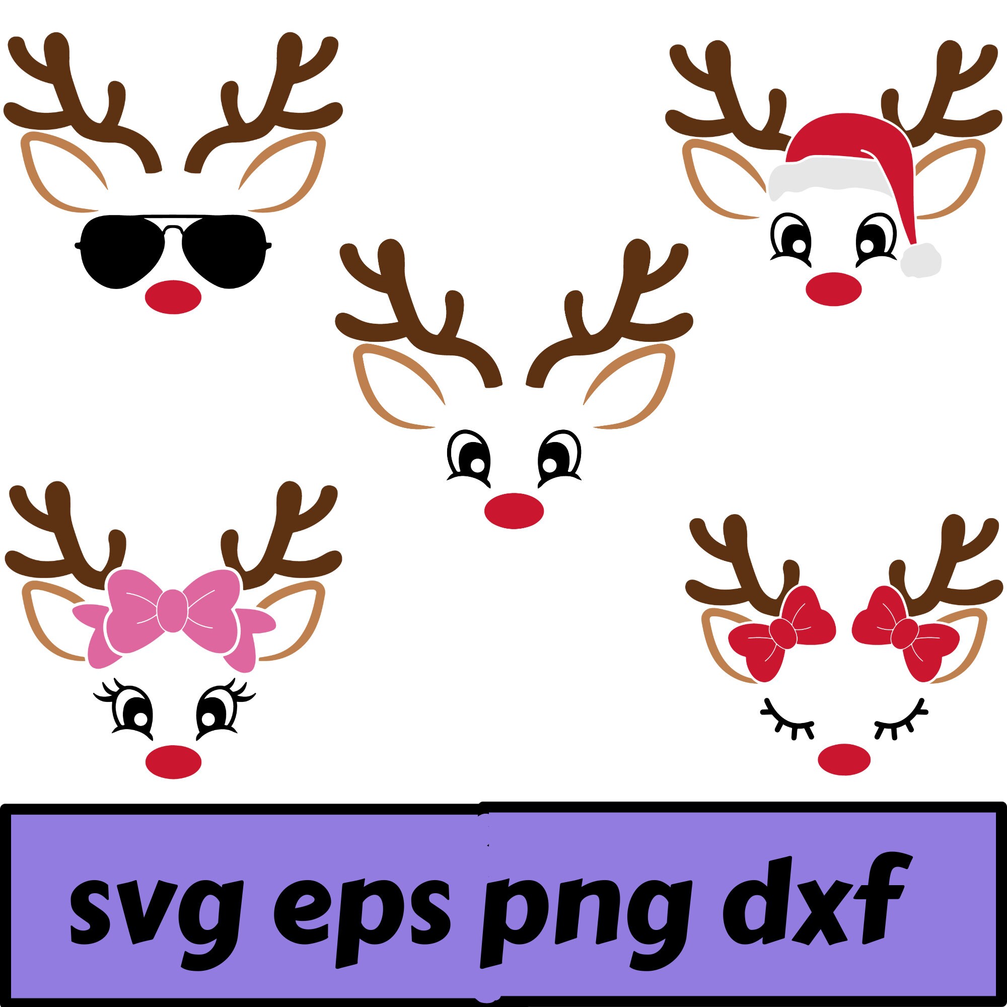 Christmas Reindeer Designs Png, Svg, Eps, Dxf, Cute Reindeer Faces ...