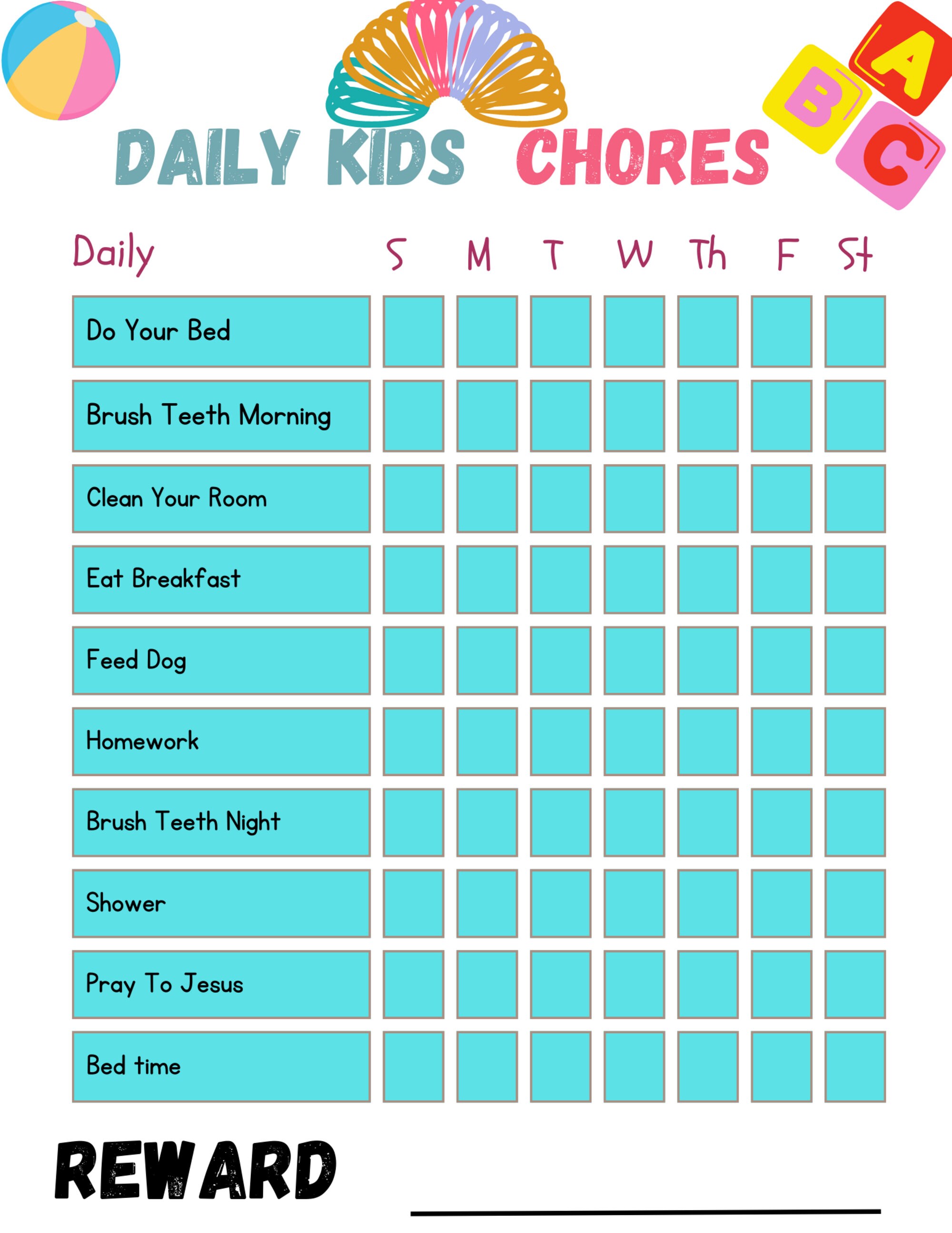 Daily Chore Chart for Kids Planner Template Digital Download - Etsy