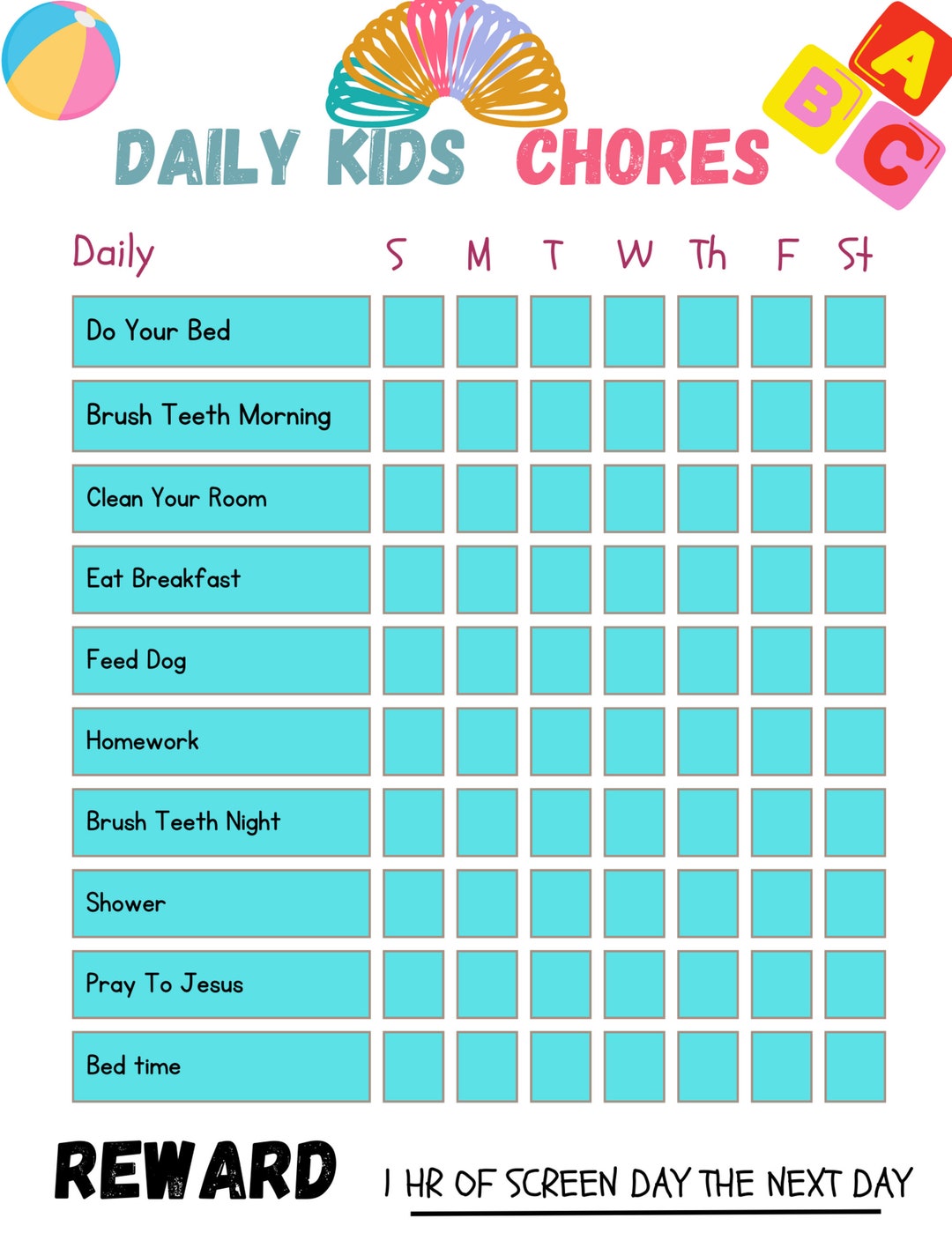 Daily Chore Chart for Kids Planner Template Digital Download - Etsy