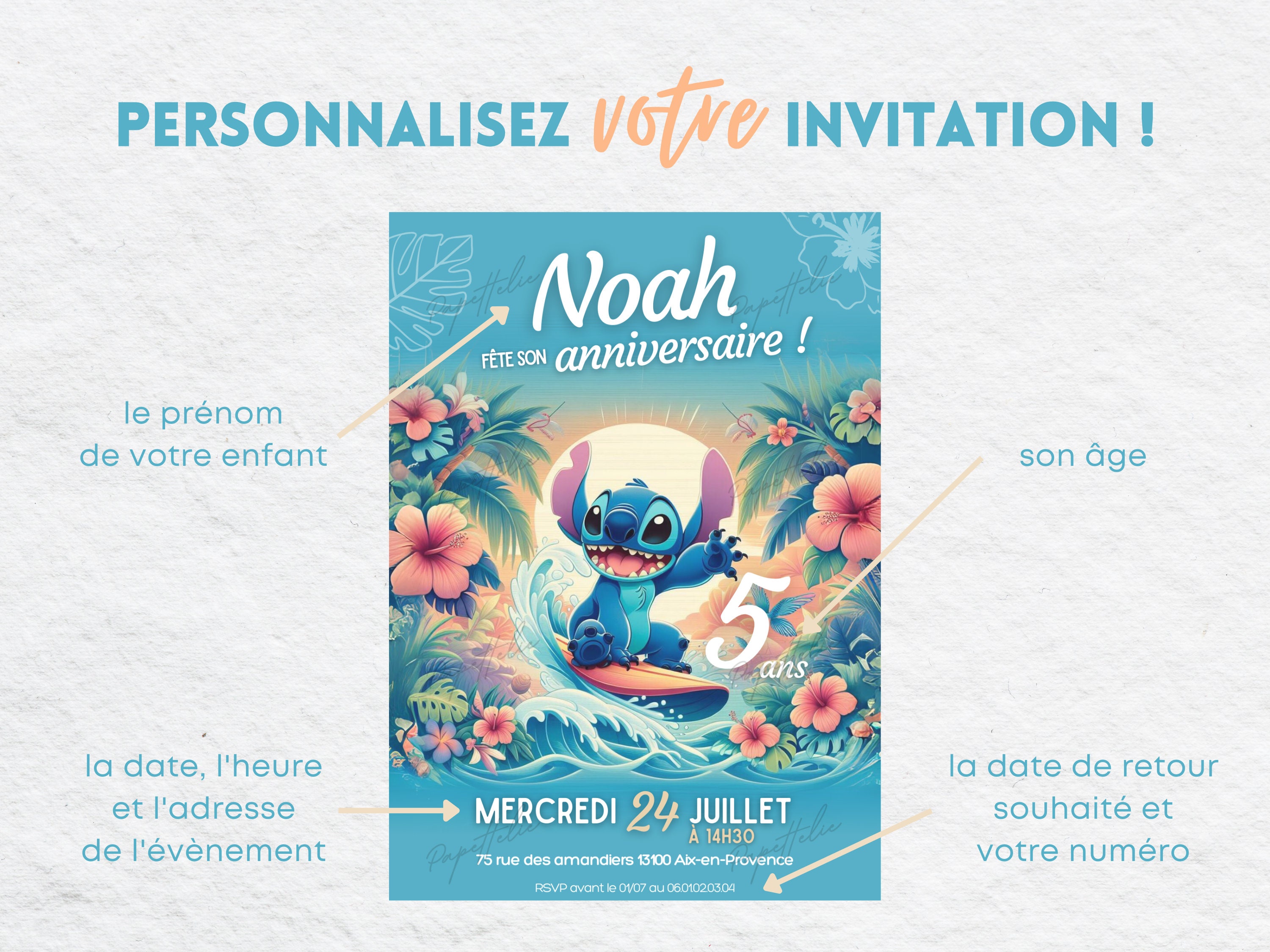 Carte d'invitation anniversaire personnalisée Stitch en français ...