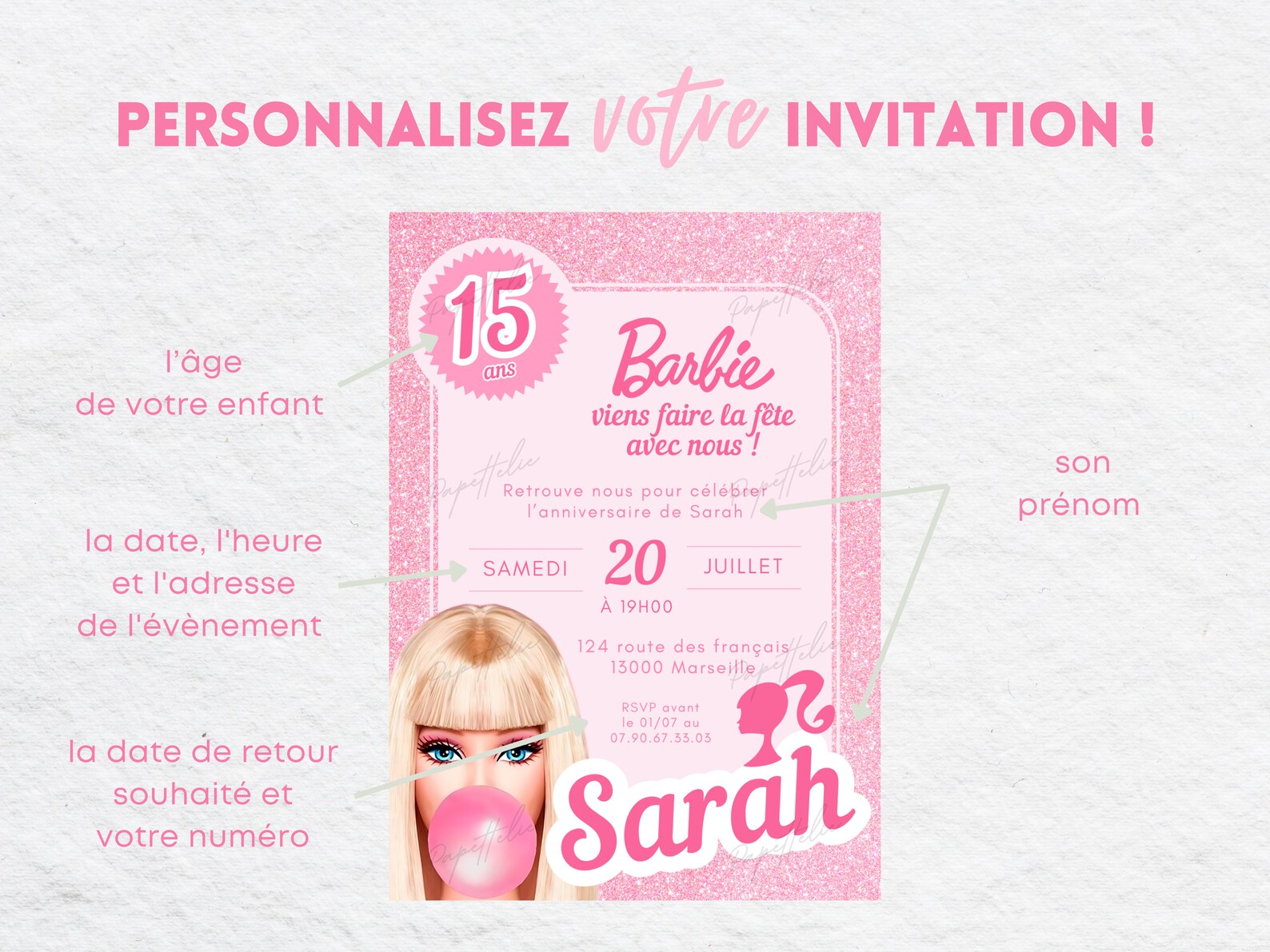 Personalized Birthday Invitation Card Barbie Doll Mobile Pink Girl ...