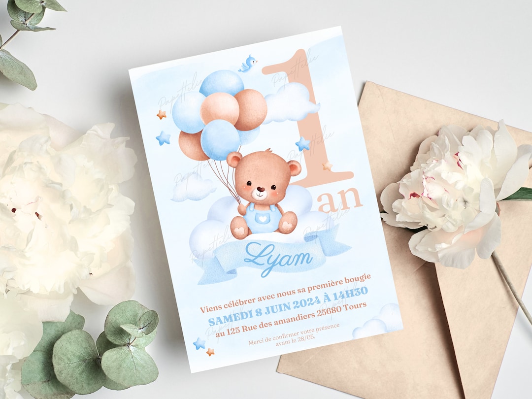 Personalized 1st Birthday Invitation Card Baby Bear With Blue Balloon ...