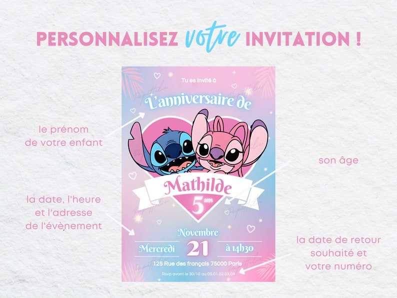 Carte d'invitation anniversaire personnalisée Stitch et Angel en ...