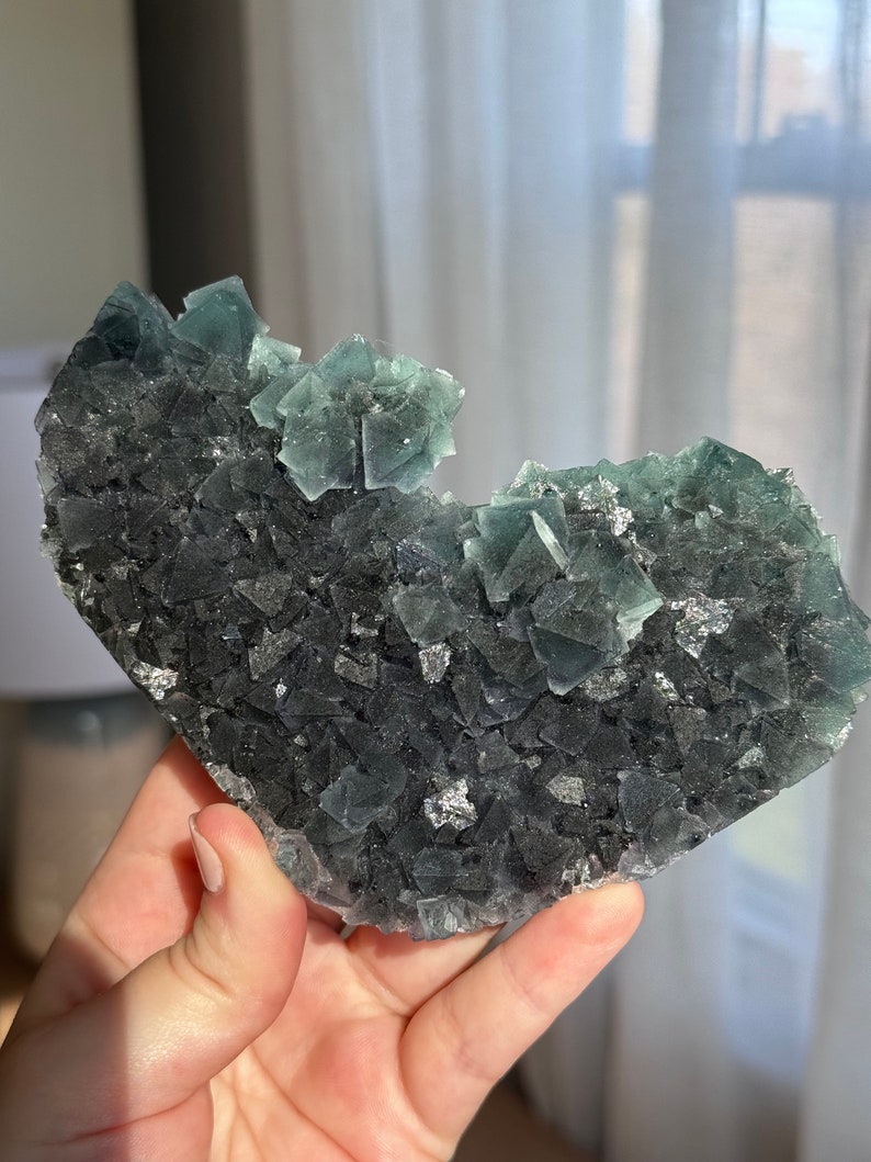 Stunning Heart Formation Green Octahedral Fluorite With Velvet and ...