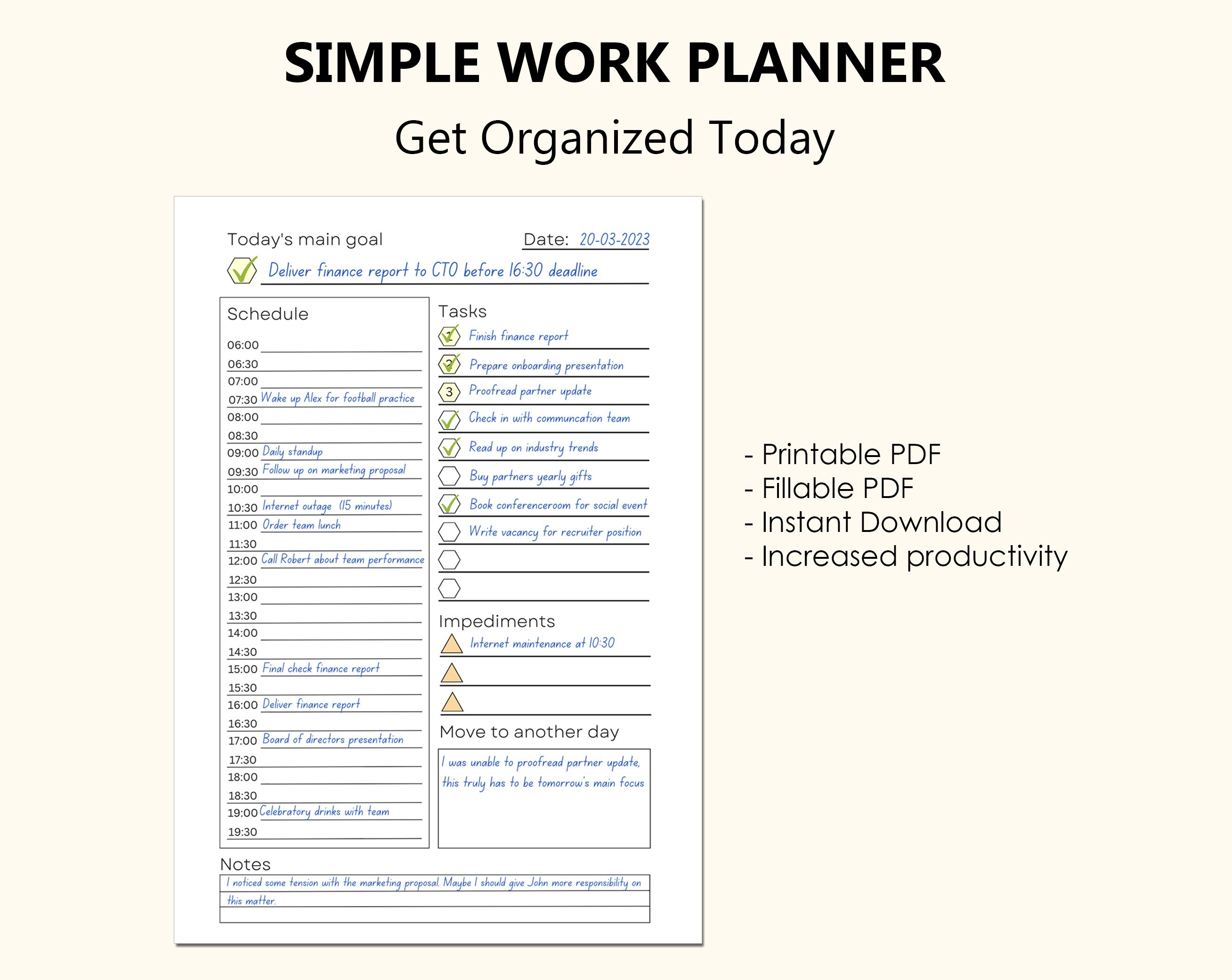 Daily Work Planner Increased Productivity Digital Version AND Printable ...