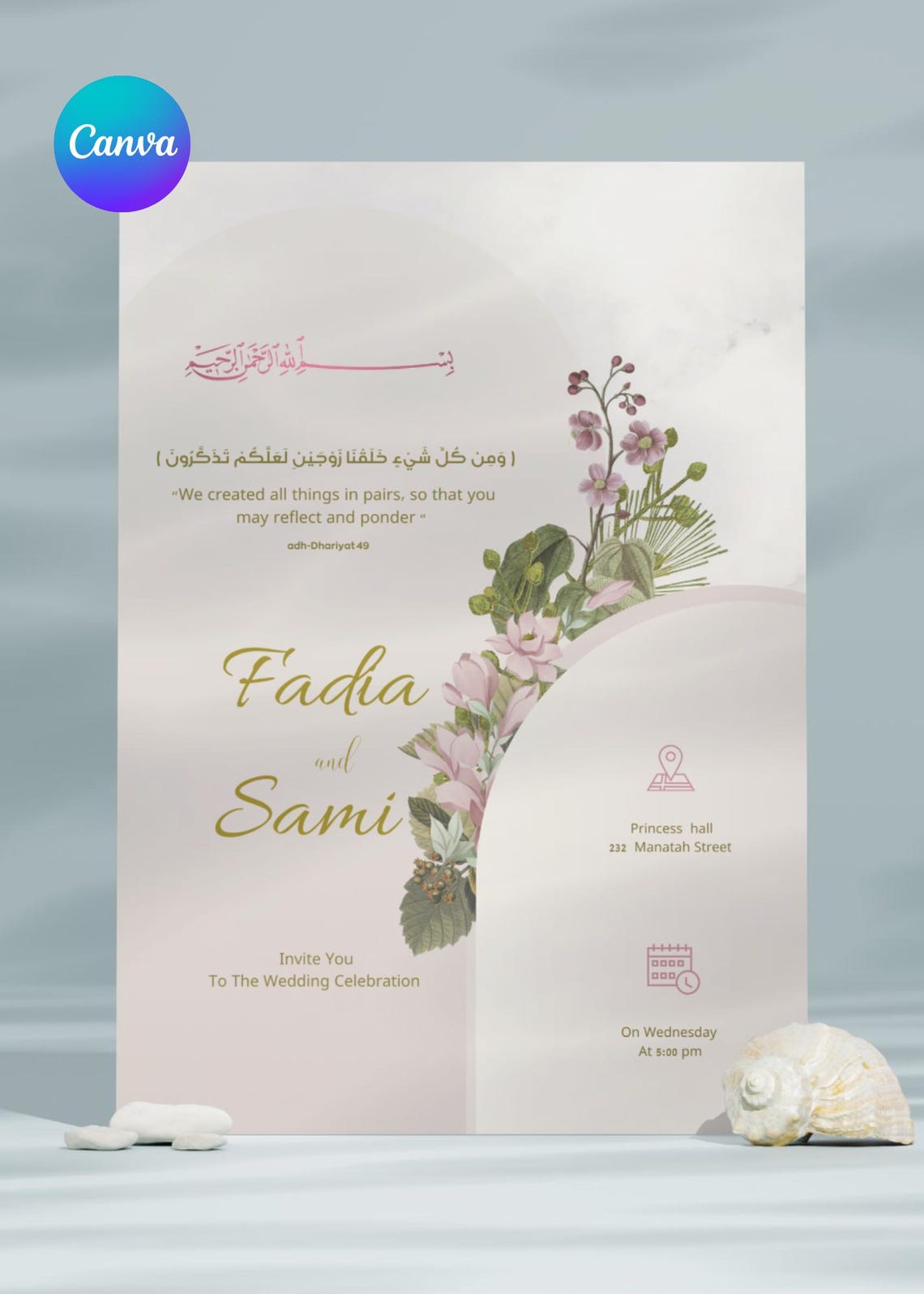 Editable Islamic Nikkah Invitation Template Pink ,green Floral Muslim ...