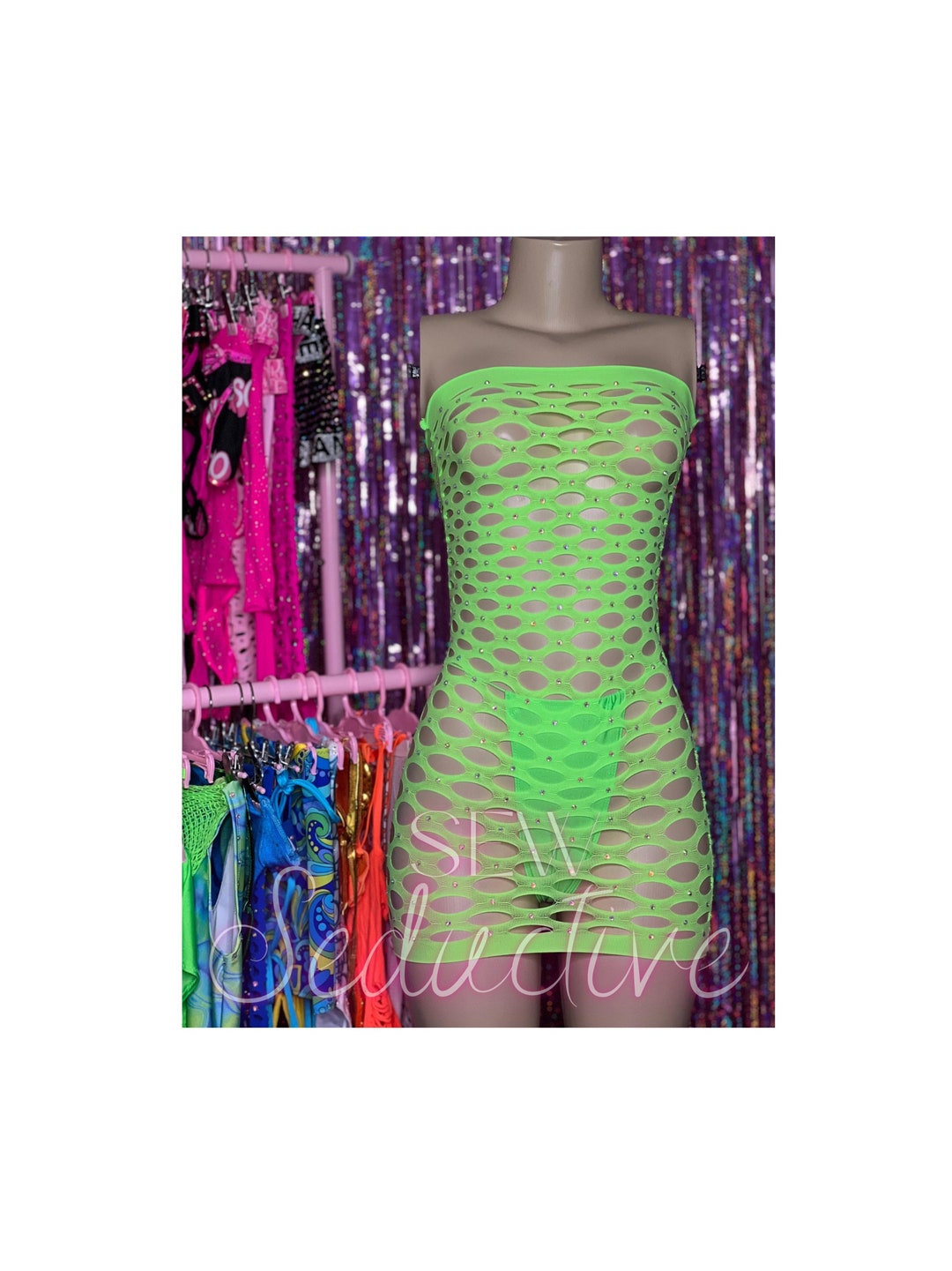 DRESS Exotic Dancewear Neon Green Fishnet Dress Fully Stoned Stripper ...