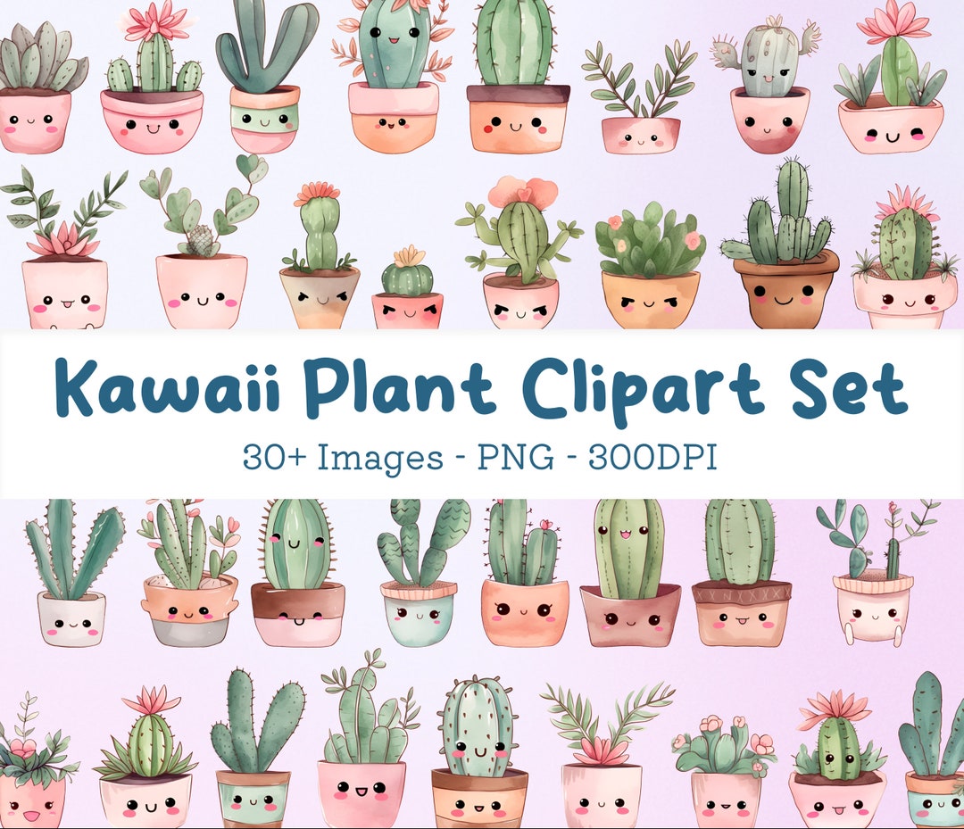Kawaii Plant Clipart Cute Watercolor Succulents PNG 30 Pieces Digital ...