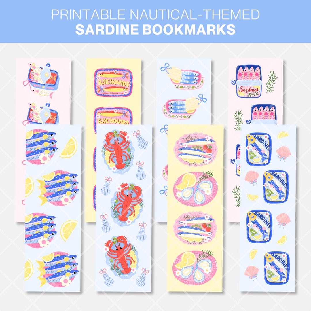 Sardines Seafood Illustration Printable Bookmarks, Set of 8 Printable ...