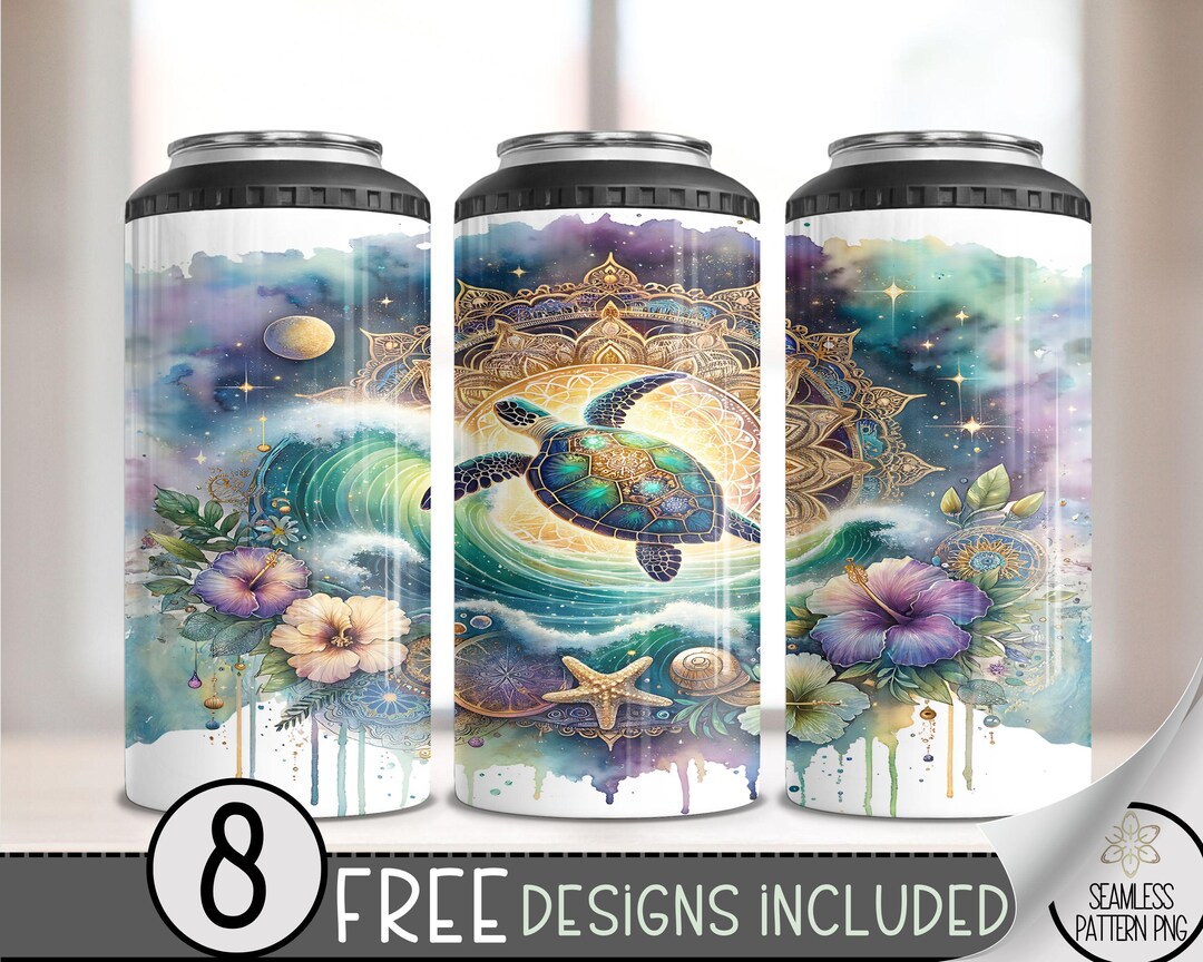 Sea Turtle 4 in 1 Can Cooler Wrap, Tropical 4in1 Tumbler PNG, Colorful ...