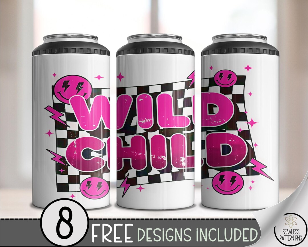 Wild Child 4-in-1 Can Cooler Wrap, Edgy Retro Pink Sublimation Design ...