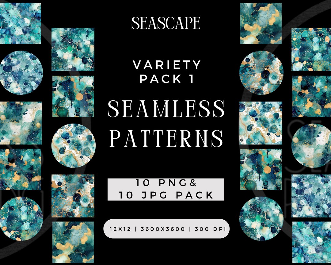 Digital Watercolor Seascape Seamless Pattern PNG JPG Bundle, Summer ...