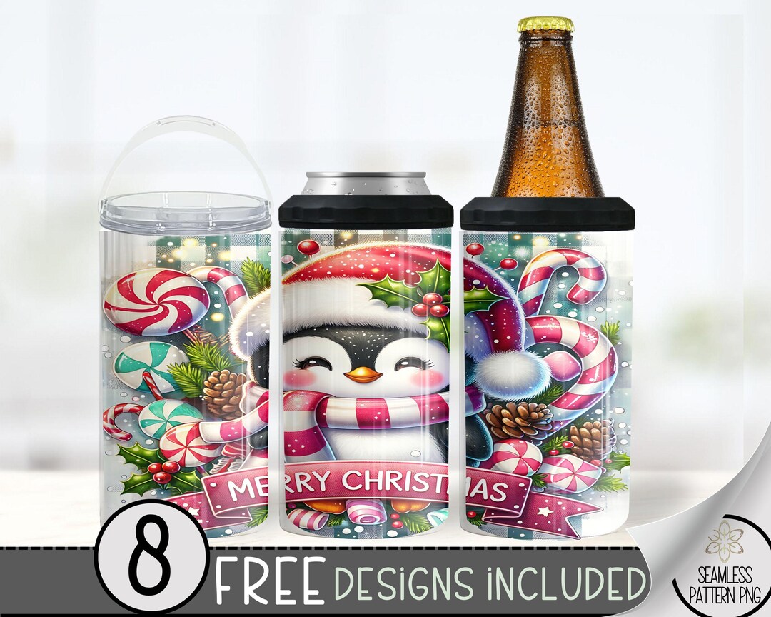 Christmas Penguin 4in1 Can Cooler Wrap, Xmas 4 in 1 Tumbler PNG, Cute ...