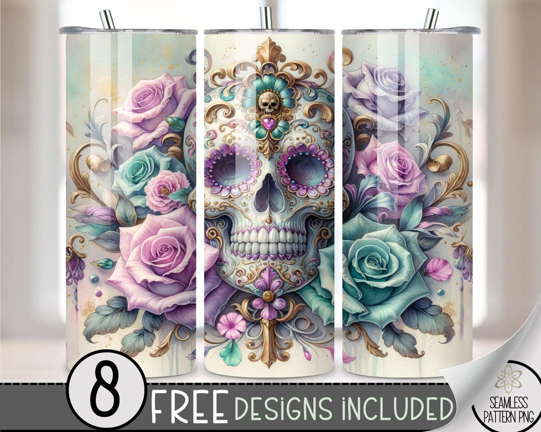 Skull Rose 20oz Tumbler Wrap, Girly Skull 20 Ounce Sublimation Design ...