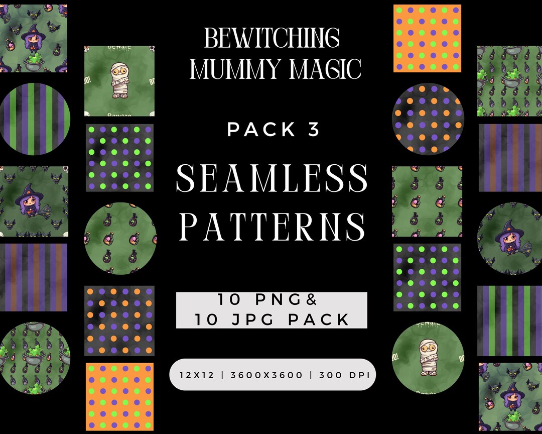 Digital Bewitching Mummy Magic Seamless Pattern PNG JPG Bundle, Potion ...