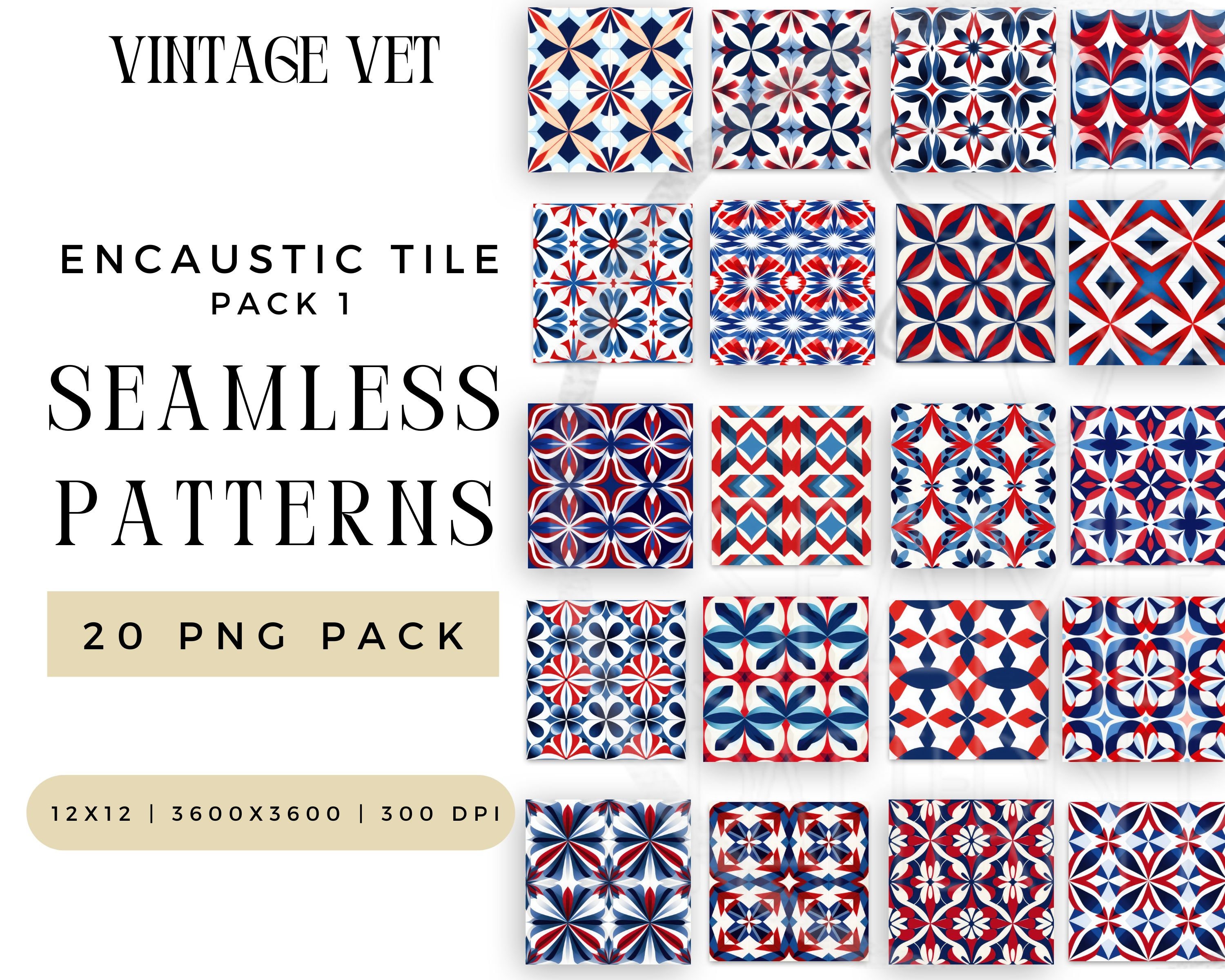 20 Vintage Vet, Encaustic Tile Printable Paper, Geometric Floral ...