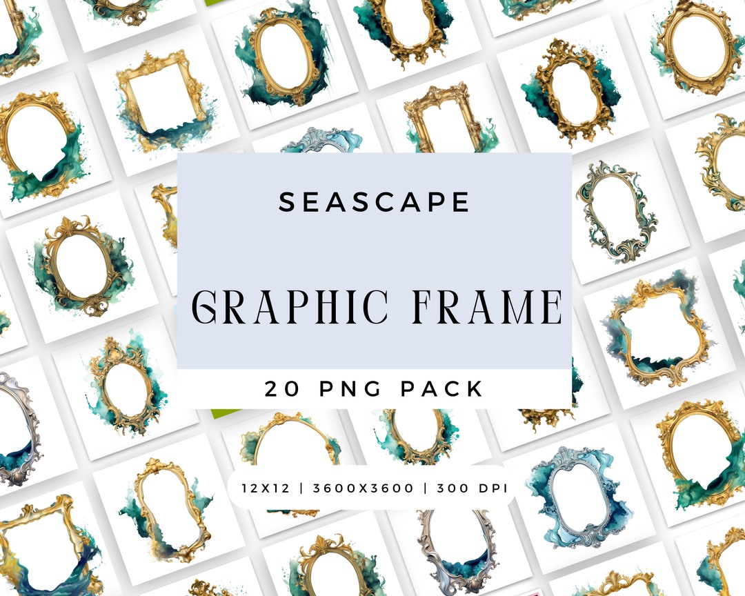 Digital Seascape Graphic Frame PNG Bundle, Blue Sea Foam Summer Beach ...