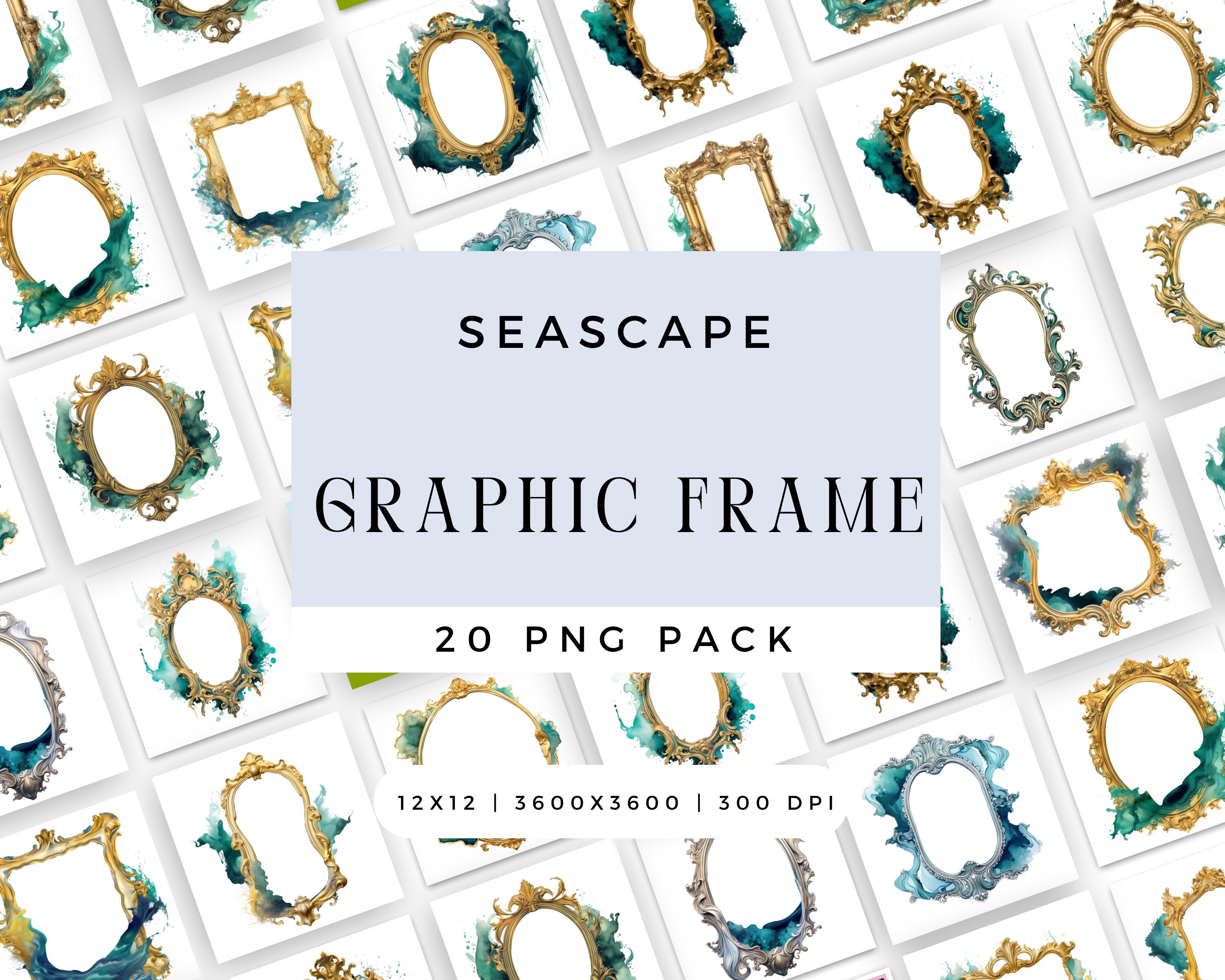 Digital Seascape Graphic Frame PNG Bundle, Blue Sea Foam Summer Beach ...