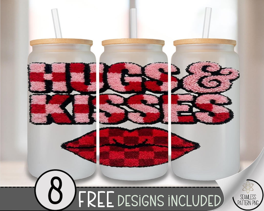 Hugs and Kisses Valentines PNG, Checkered Letters Glass Can Wrap ...