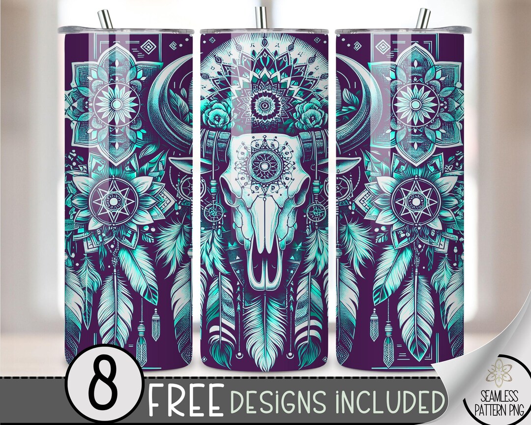 Aztec Cow Skull Tumbler Wrap, Southwest 20oz Skinny Tumbler Sublimation ...