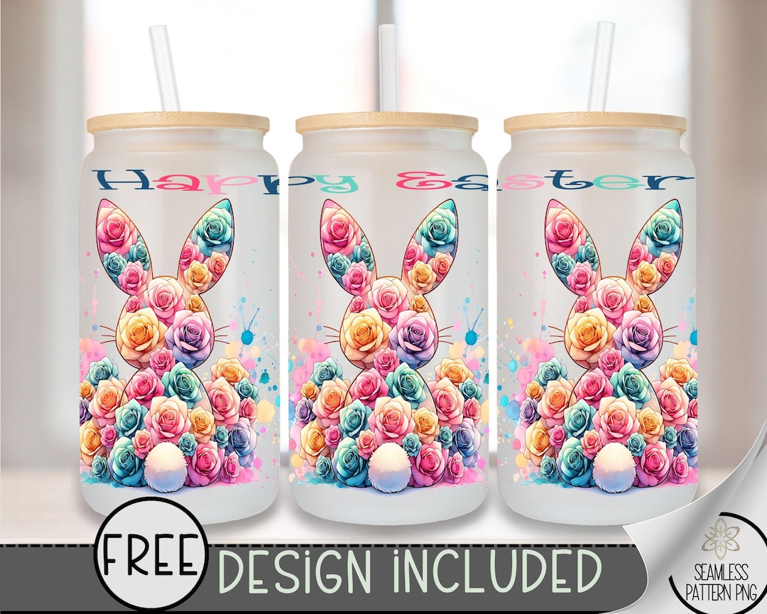 Easter Libbey Glass Wrap, Cute Bunny 16 Oz Glass Can Wrap PNG, Floral ...