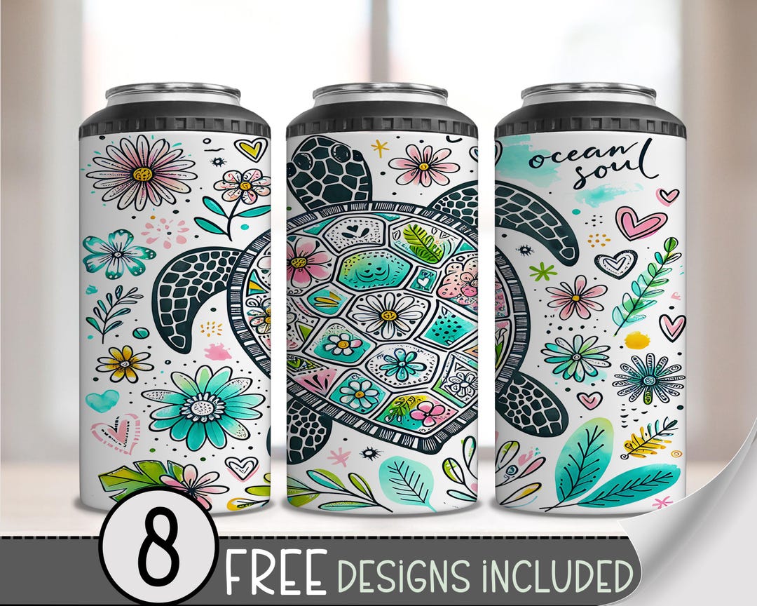 Sea Turtle 4 in 1 Can Cooler Wrap, Tropical 4in1 Tumbler PNG, Colorful ...