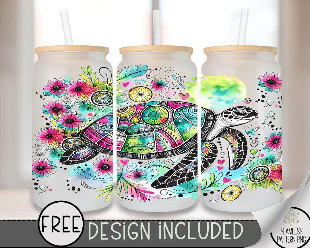 Sea Turtle Glass Wrap, Sea Ocean 16 Oz Glass Can Wrap PNG, Coastal Boho ...