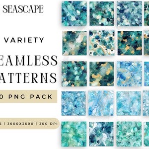 Digital Watercolor and Alcohol Ink Seascape Seamless Pattern PNG Bundle ...