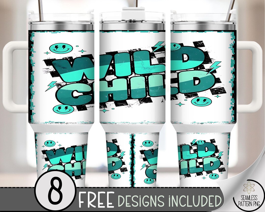 Wild Child 40 Oz Tumbler Wrap PNG, Retro Sublimation Design, Teal ...