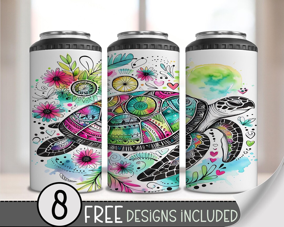 Sea Turtle 4 in 1 Can Cooler Wrap, Tropical 4in1 Tumbler PNG, Colorful ...
