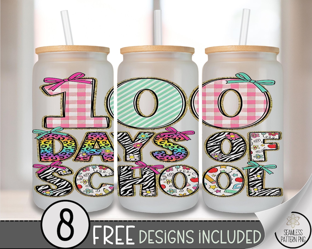 100 Days of School Coquette PNG, Rainbow Leopard 16oz Glass Can Wrap ...