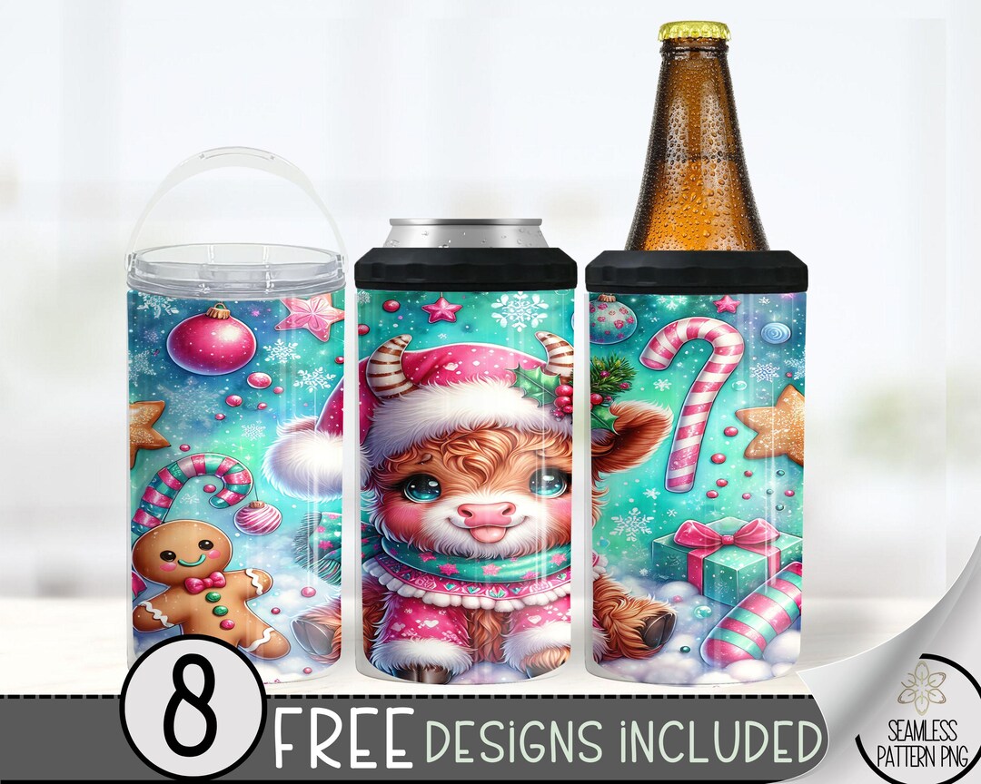 Cute Highland Cow Can Cooler Wrap, Xmas 16 Oz 4-in-1 Cooler Sublimation ...