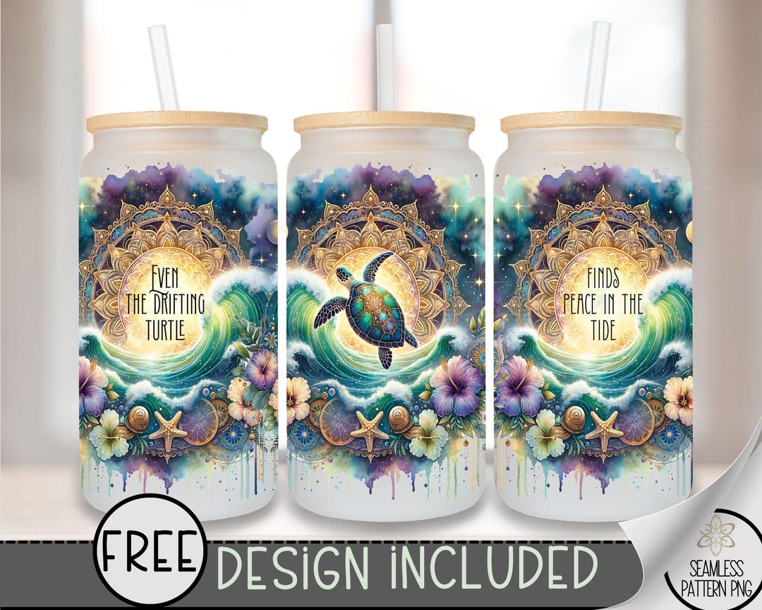 Sea Turtle Glass Wrap, Sea Ocean 16 Oz Glass Can Wrap PNG, Coastal ...