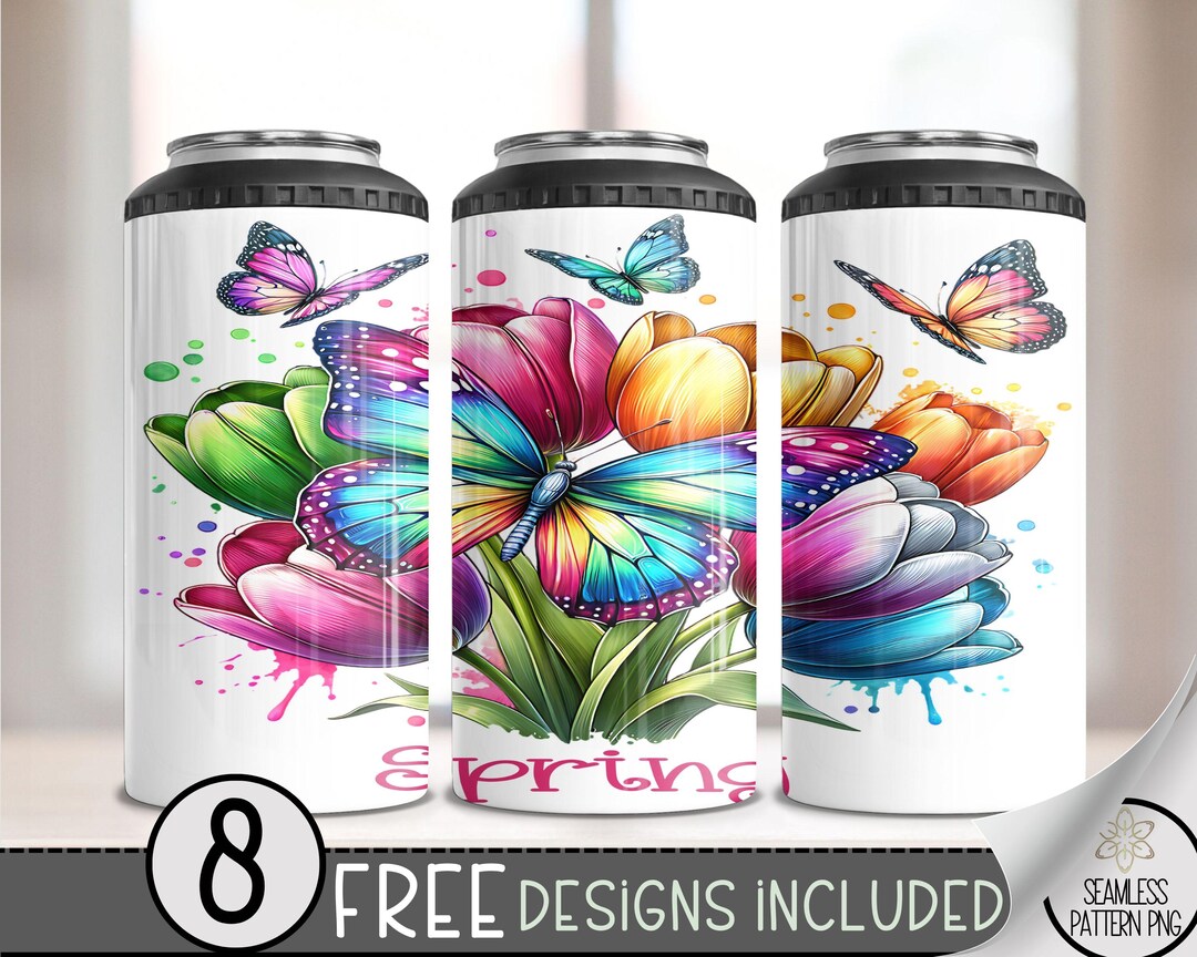 Tulip 4 in 1 Can Cooler Wrap, Spring 4in1 Tumbler PNG Floral Butterfly ...