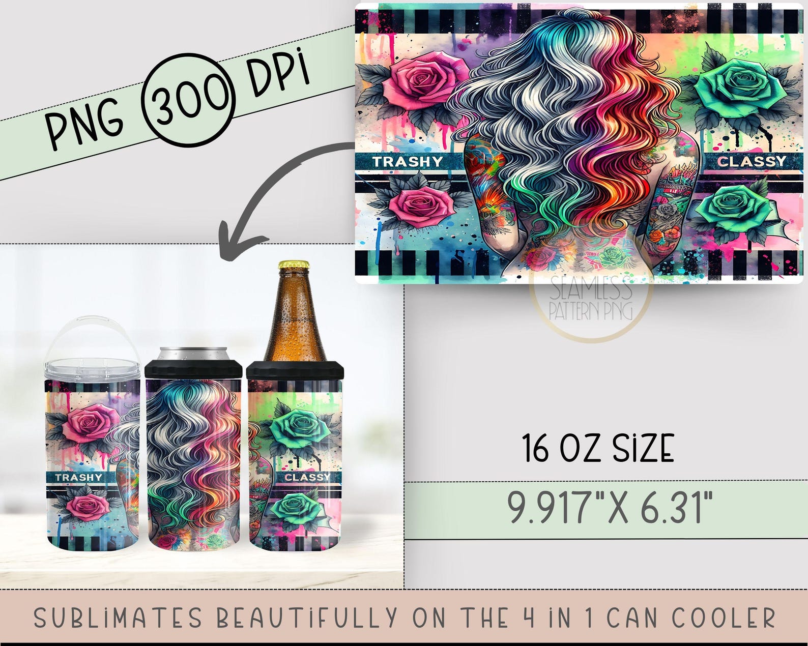 Seamless Trashy Classy Can Cooler Wrap, Funny 16 Oz 4-in-1 Cooler ...
