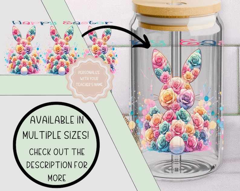 Easter Libbey Glass Wrap, Cute Bunny 16 Oz Glass Can Wrap PNG, Floral ...