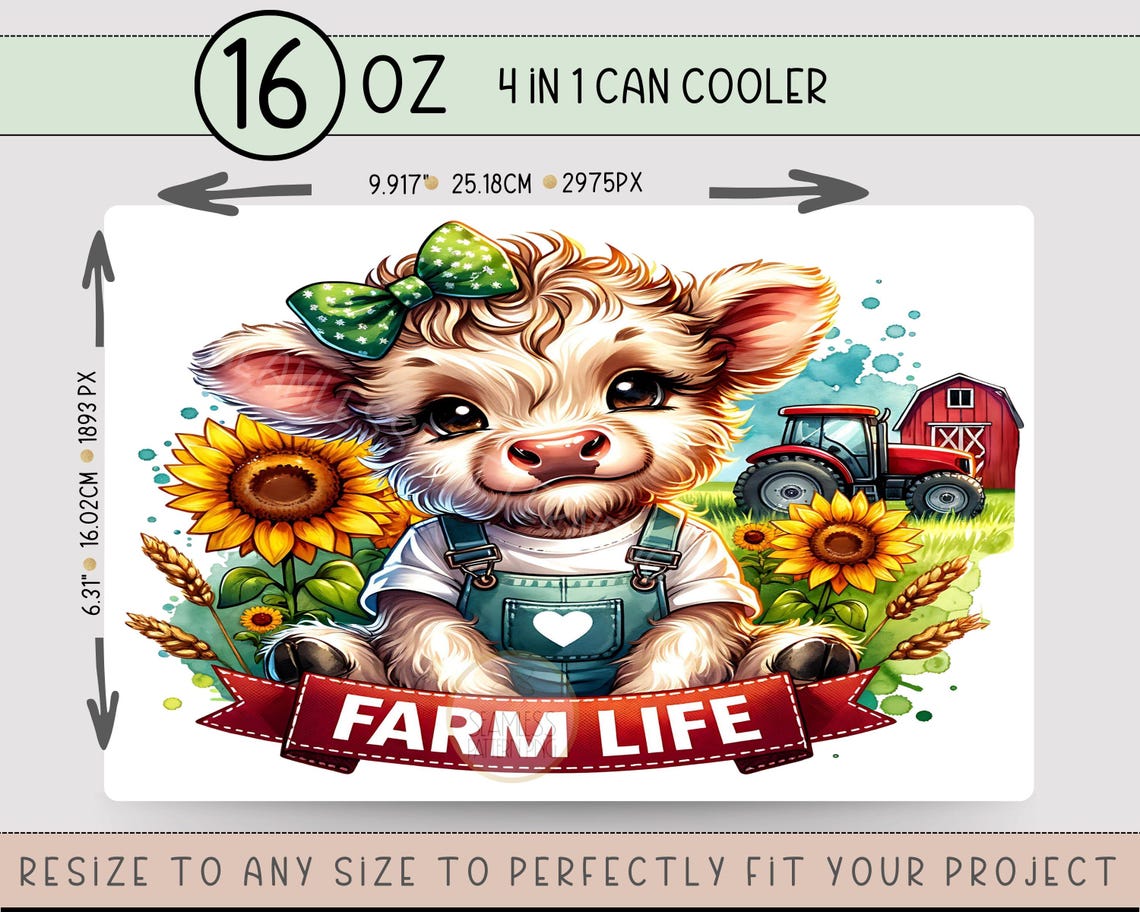 Farm Life 4 in 1 Can Cooler Tumbler Wrap, Highland Cow Sublimation ...