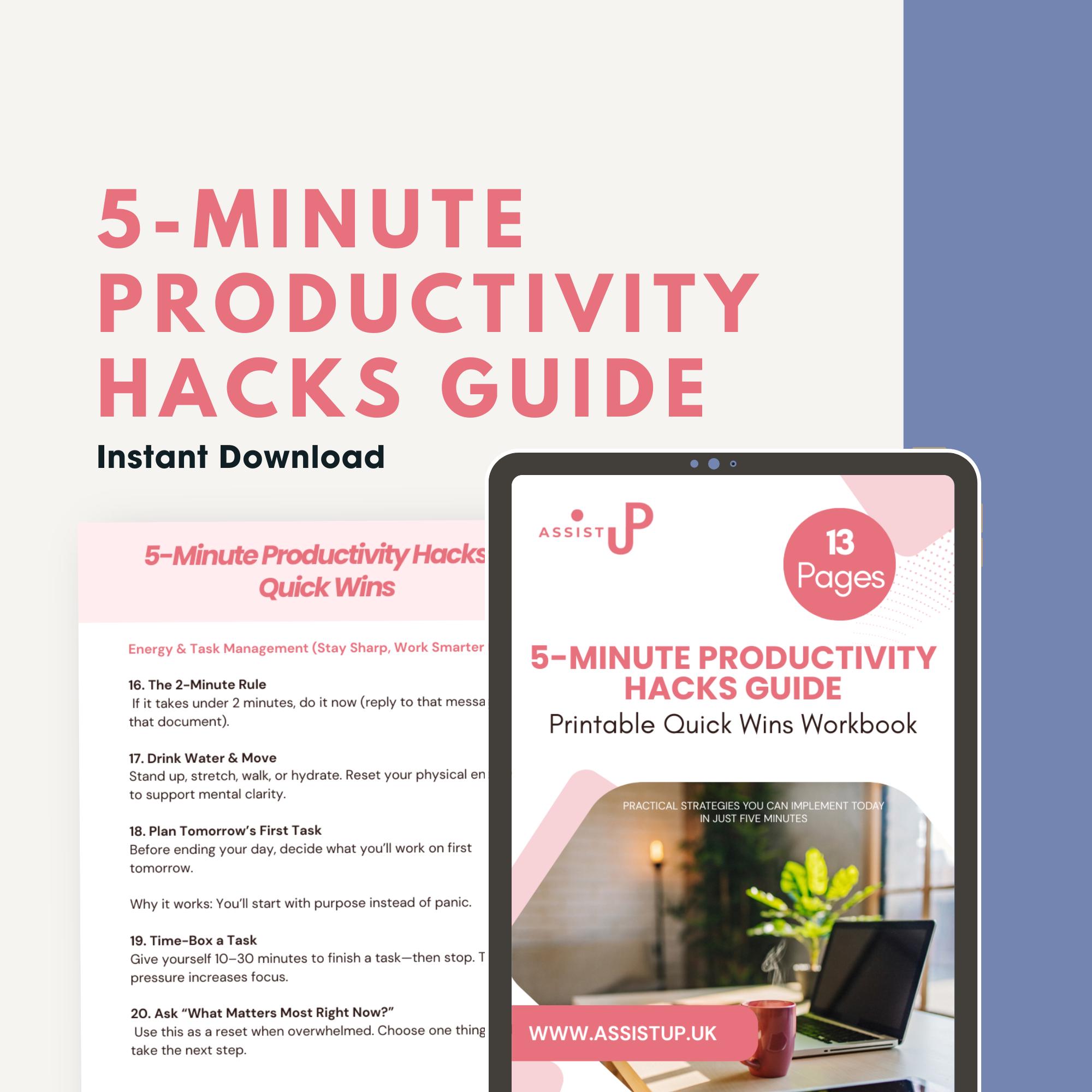 5 Minute Productivity Hacks Workbook Printable Productivity Tips And