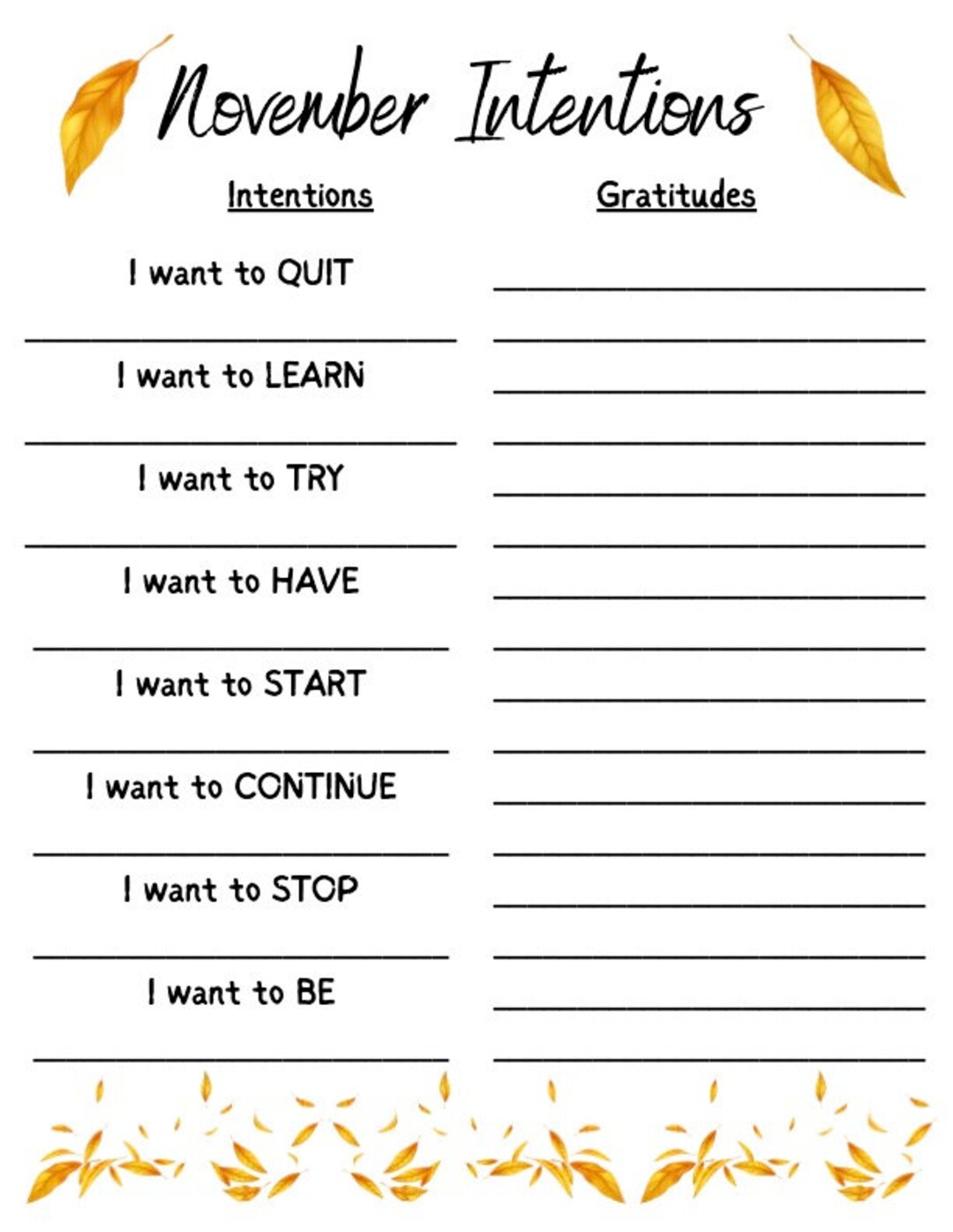 November Intentions Worksheet SEL Activity Thankfulness - Etsy