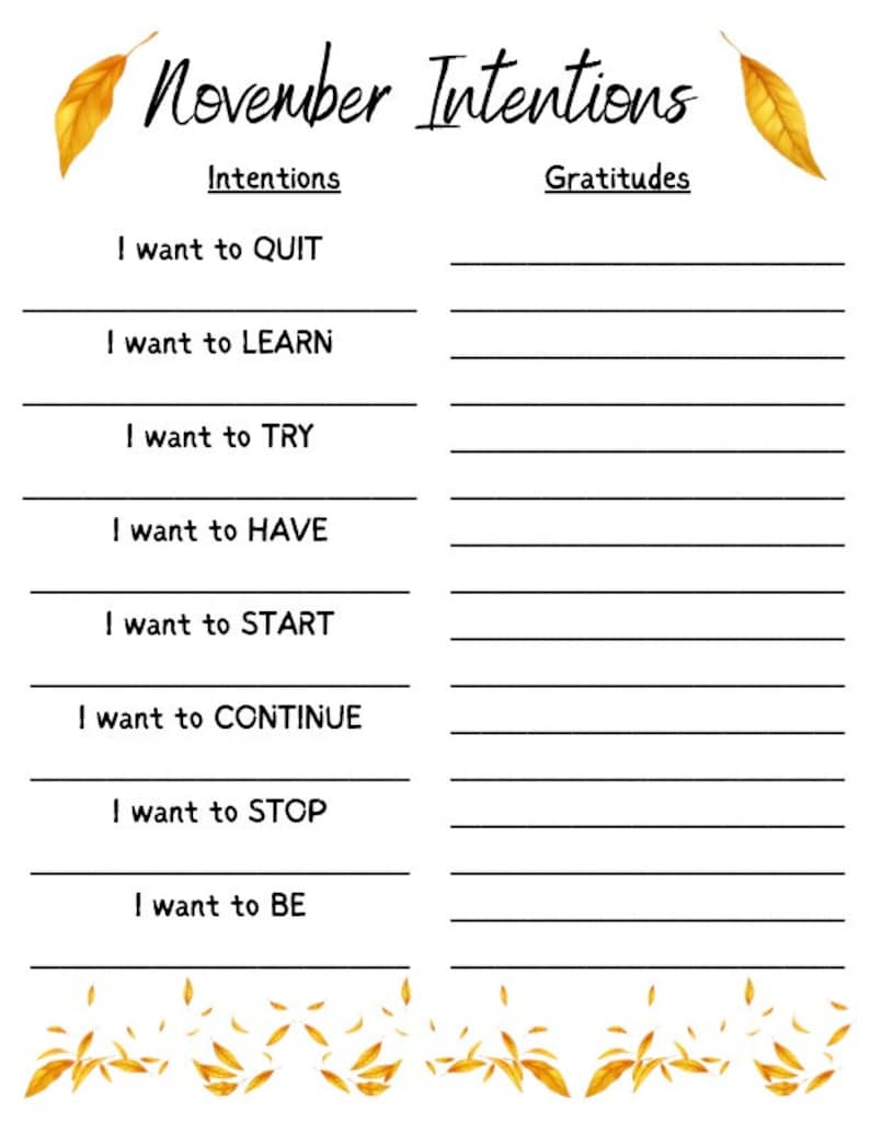 November Intentions Worksheet SEL Activity Thankfulness - Etsy