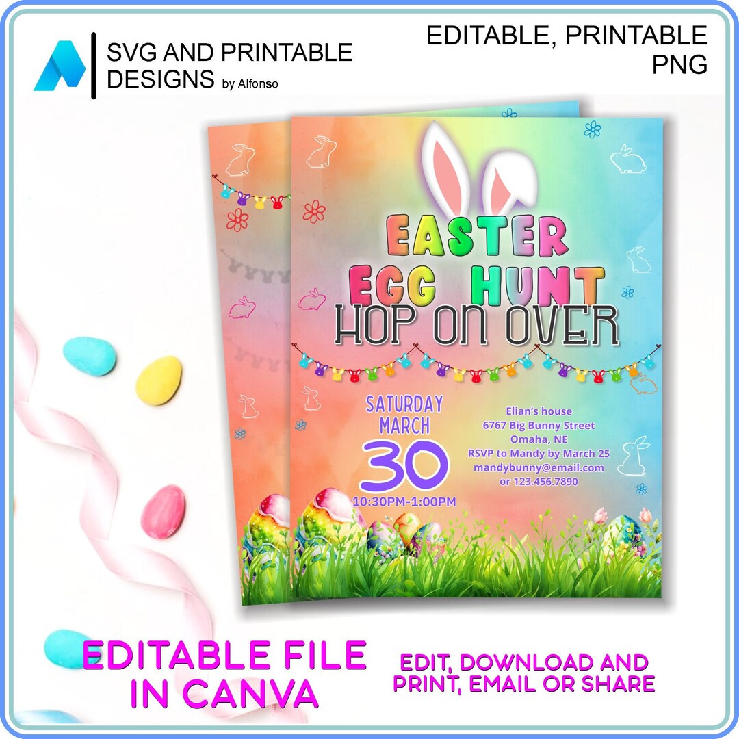 Editable Easter Egg Hunt Invitation PNG Template | Hop on Over Bunny ...