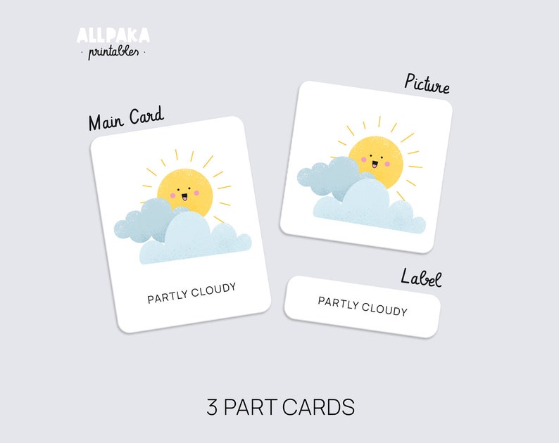 18 Weather Cards, Montessori Flashcards, Pre-school Cards, Educational ...