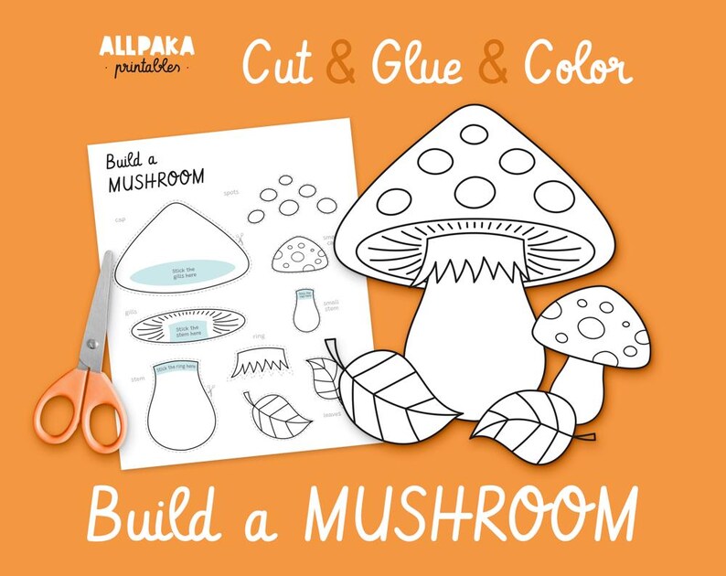 Cut & Glue Printable, Mushroom Paper Craft, Color and Build, Coloring ...