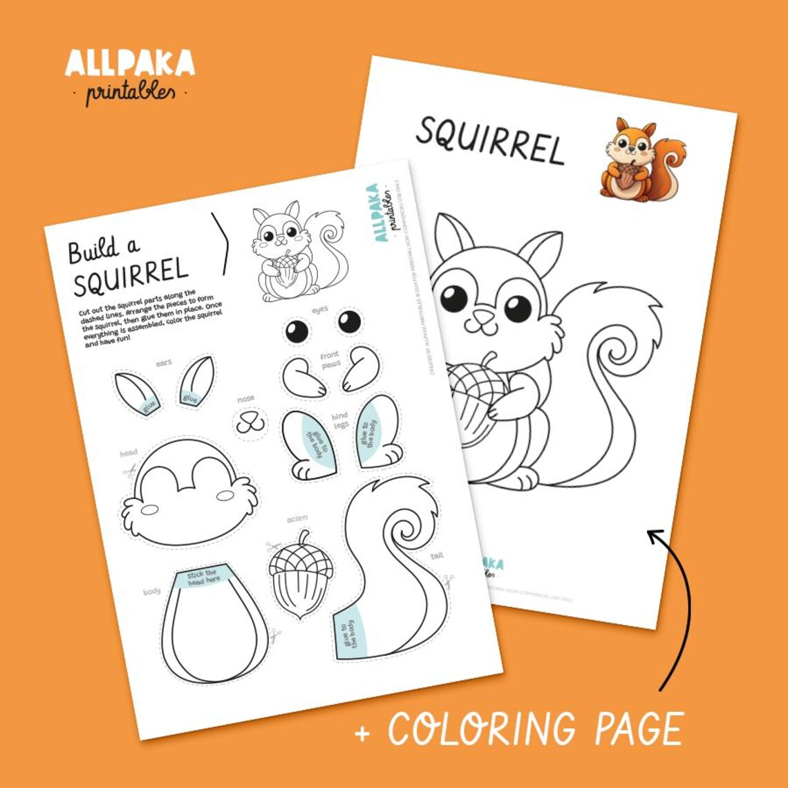 Cut & Glue Printable, Squirrel Paper Craft, Color and Build, Coloring ...