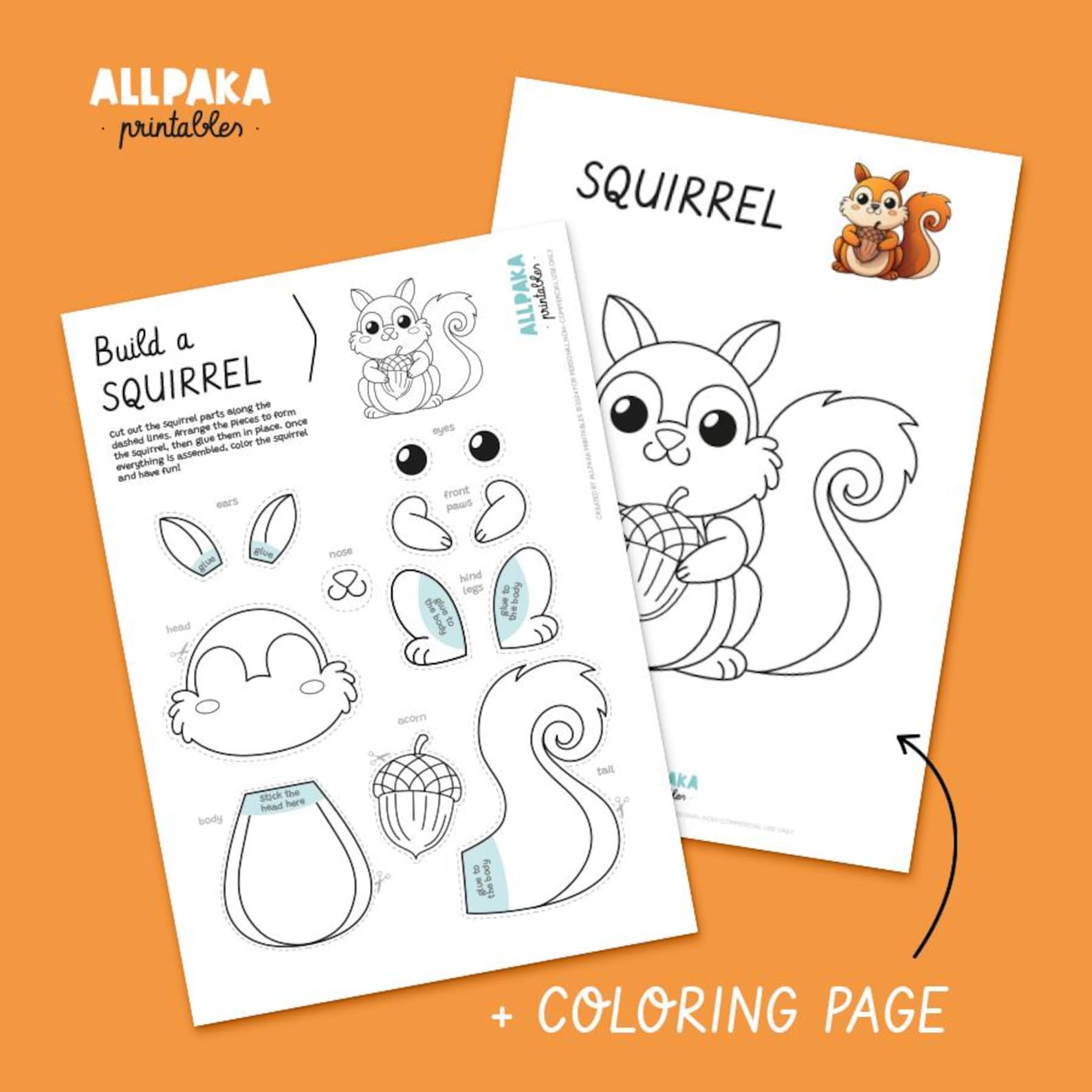 Cut & Glue Printable, Squirrel Paper Craft, Color and Build, Coloring ...