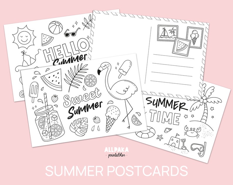 Summer Coloring Pages, Coloring Postcards With Stamps, Printable for ...