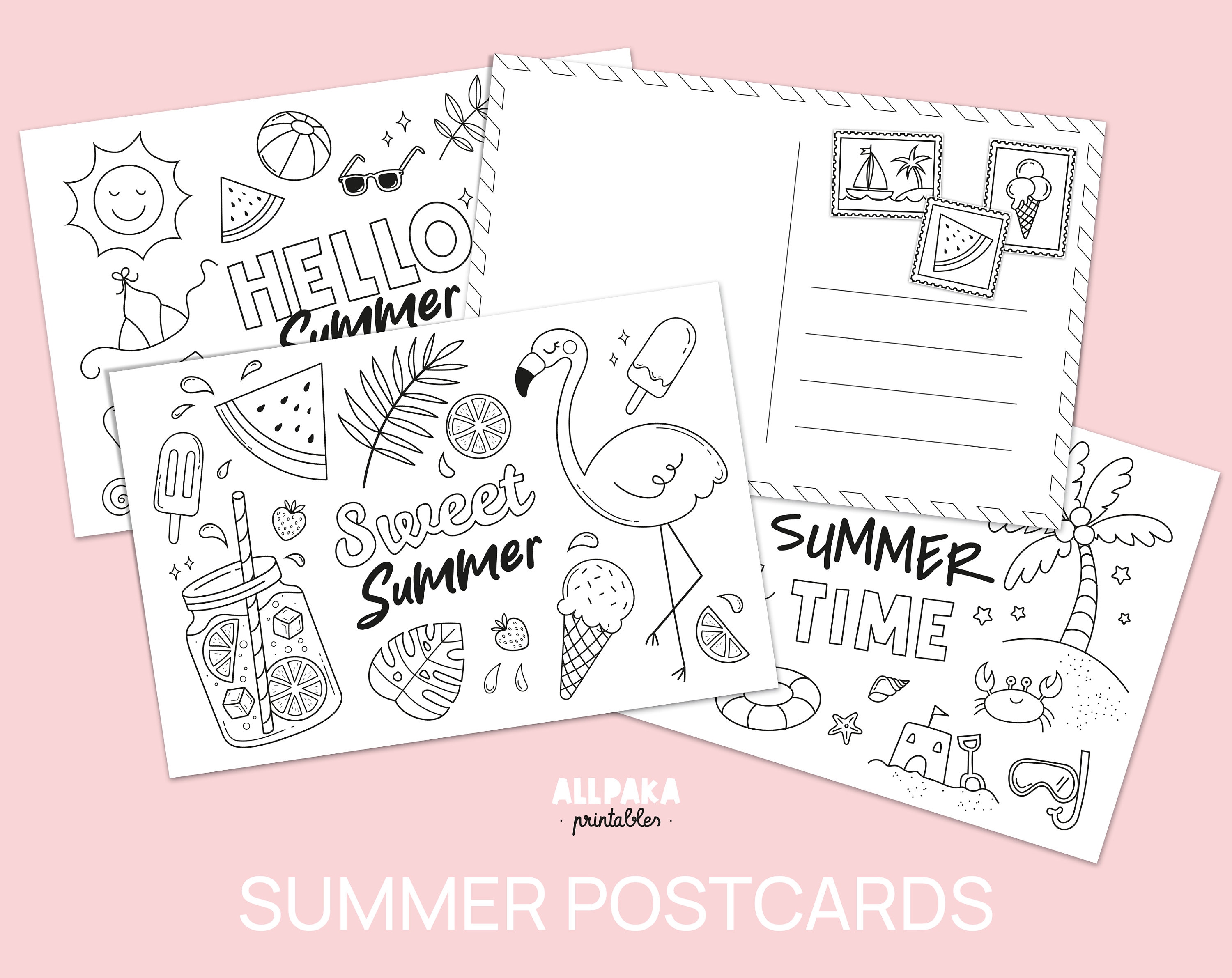 Summer Coloring Pages, Coloring Postcards With Stamps, Printable for ...
