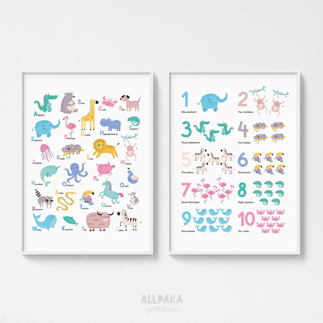 Animal Alphabet and Numbers Set of 2 Posters, Nursery Decor, Kids Room ...
