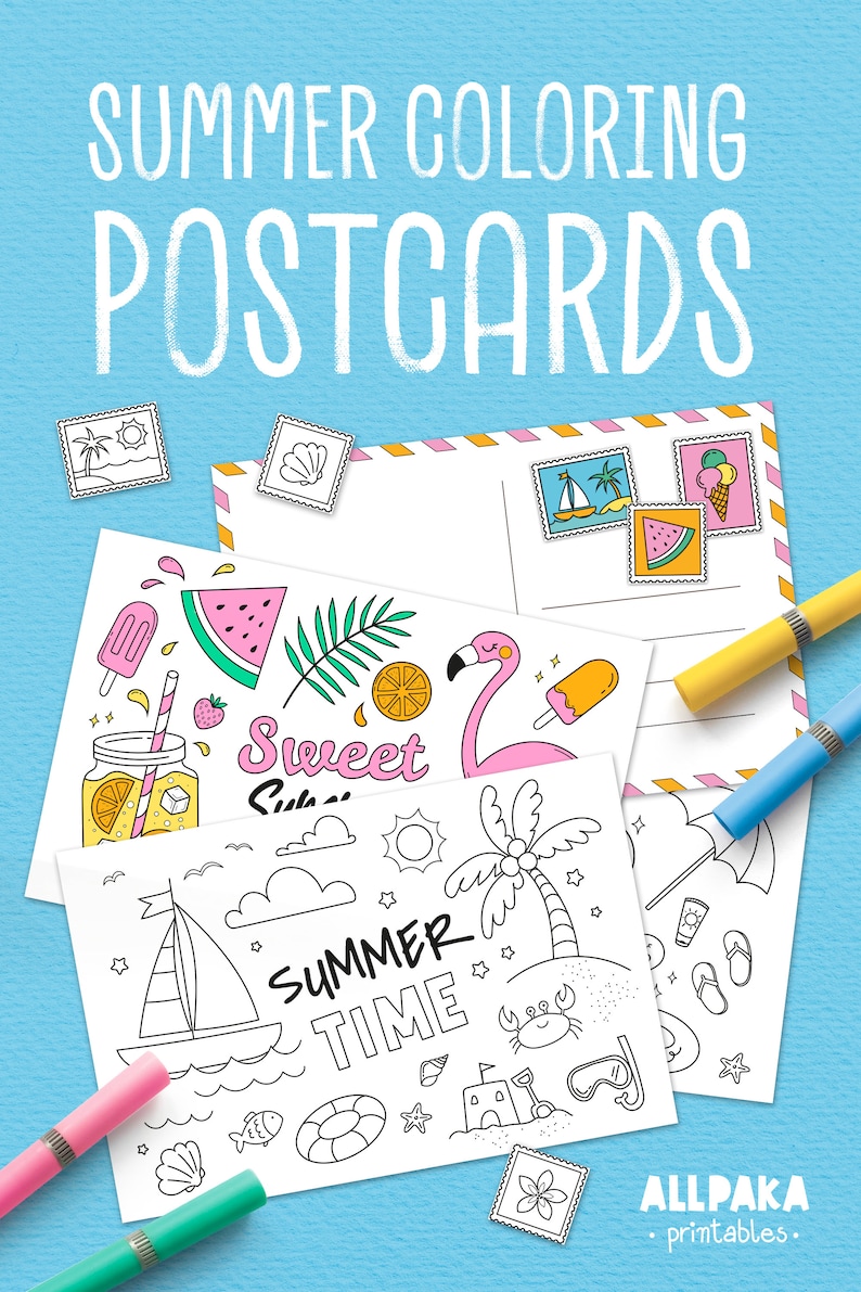 Summer Coloring Pages, Coloring Postcards With Stamps, Printable for ...