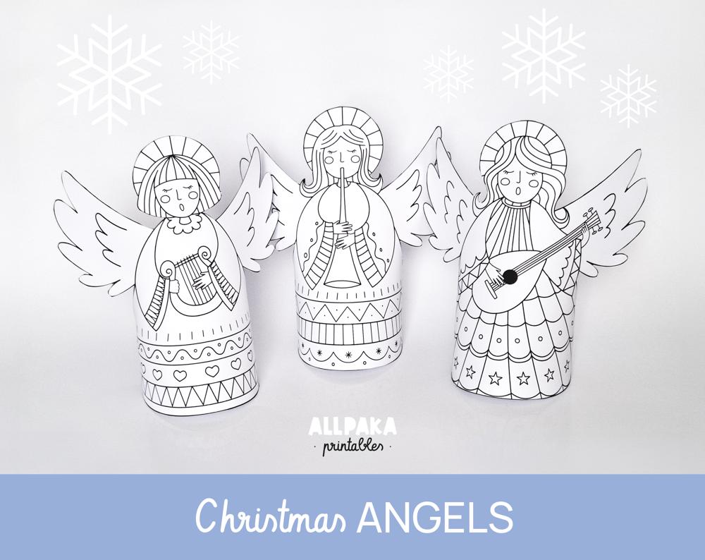 Christmas Angels Coloring Paper Craft Printable – Cute Holiday Angel ...